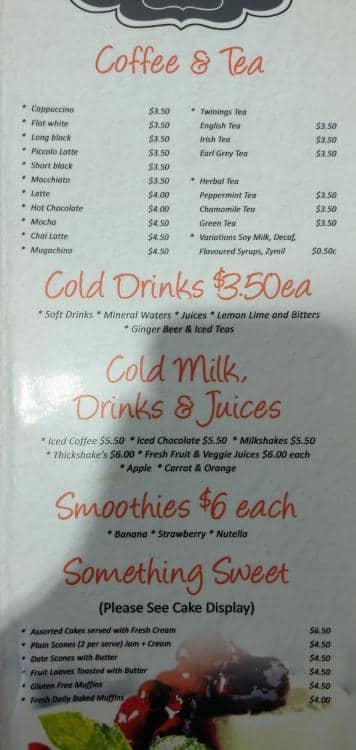 Menu at Jess' Cafe, Castle Hill