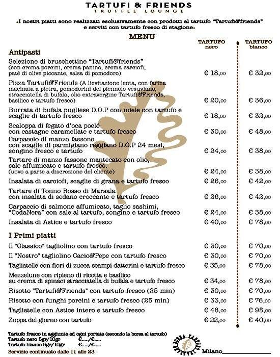Menu at Tartufi&Friends restaurant, Milan