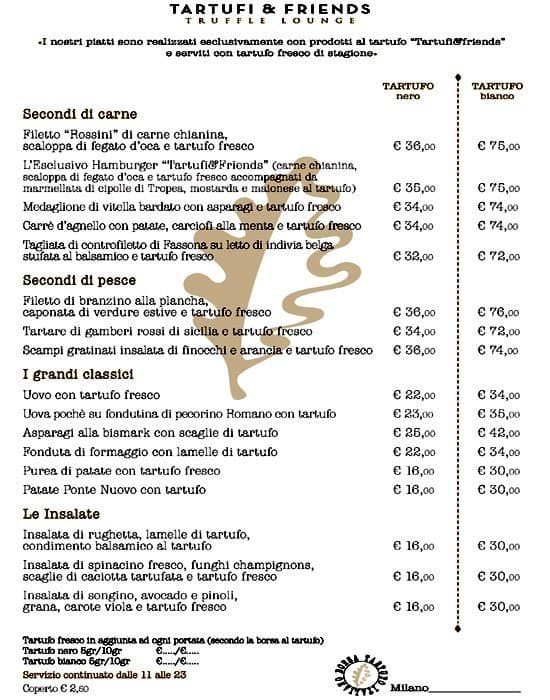 Menu at Tartufi&Friends restaurant, Milan