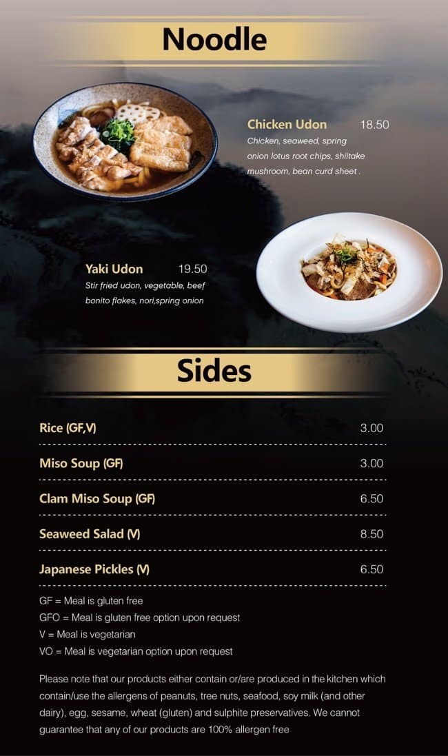 Menu at Hayashi Japanese Restaurant, Applecross