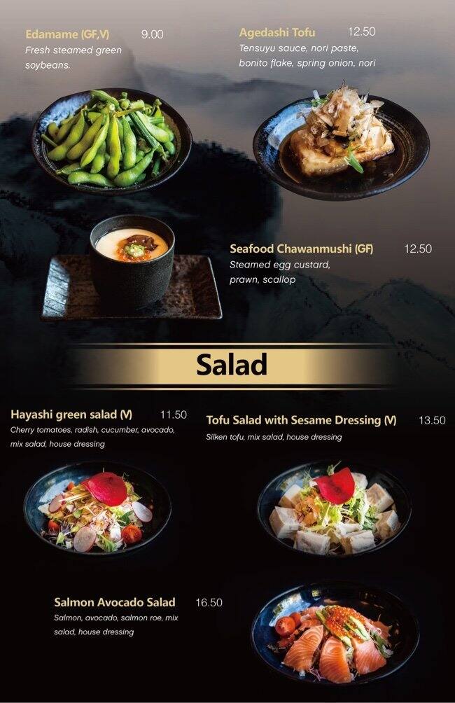 Menu at Hayashi Japanese Restaurant, Applecross