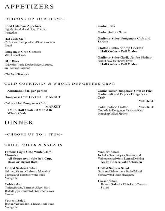 Menu at Eagle Cafe, San Francisco, Pier 39