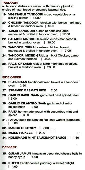 Menu at Taste of the Himalayas restaurant, Sonoma