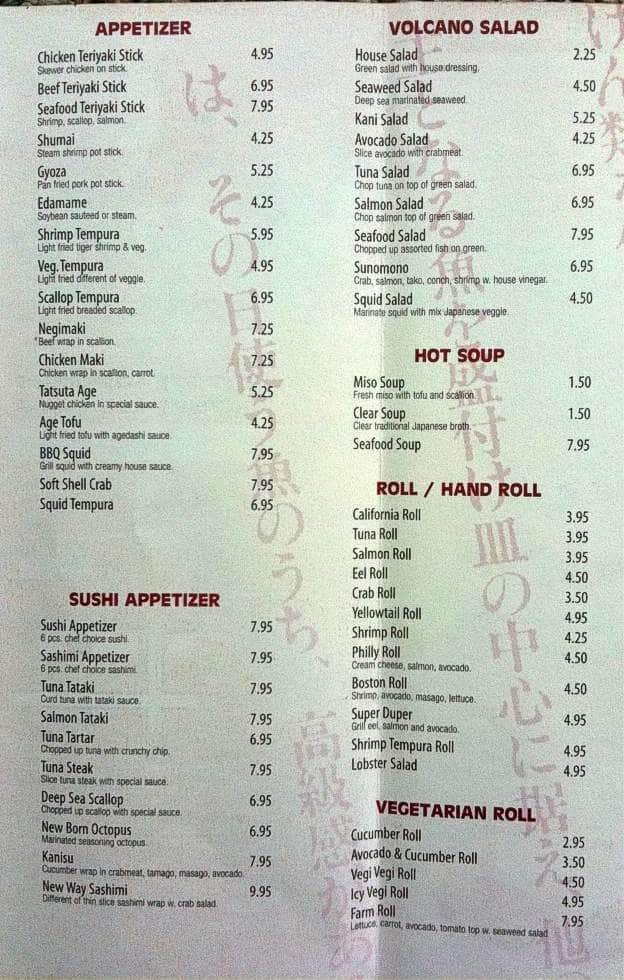 Menu at Volcano Sushi Bar ( General Booth ), Virginia Beach, General ...