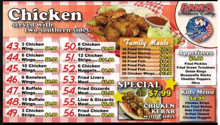 Menu at Sam's Southern Eatery restaurant, Tulsa, E 11th St