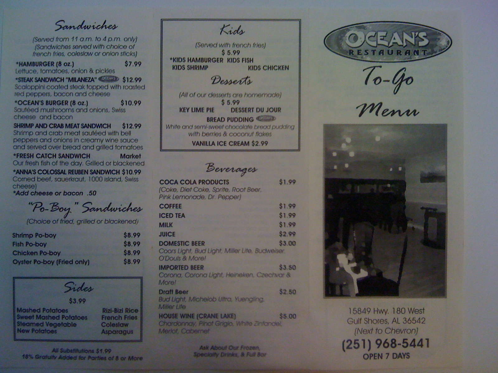 Ocean's Menu, Menu for Ocean's, Gulf Shores, Mobile Bay - Urbanspoon/Zomato