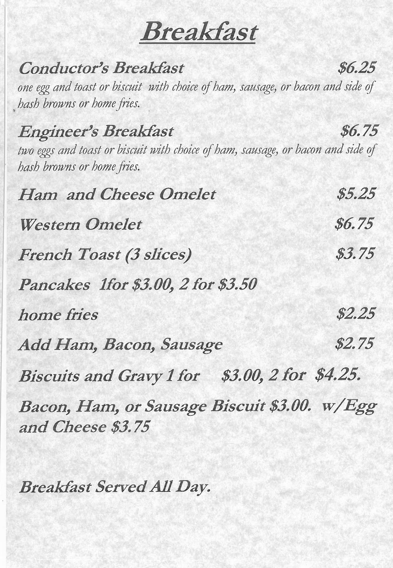Menu At Whistle Stop Cafe Buckhannon