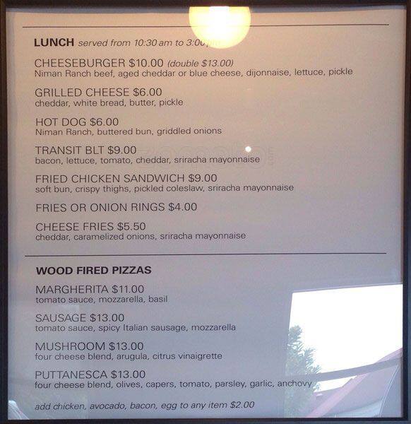 Menu at TRANSIT Cafe, San Francisco