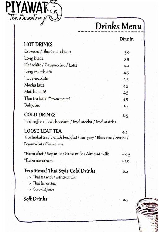 Menu at Piyawat The Sweetery restaurant, Victoria Park