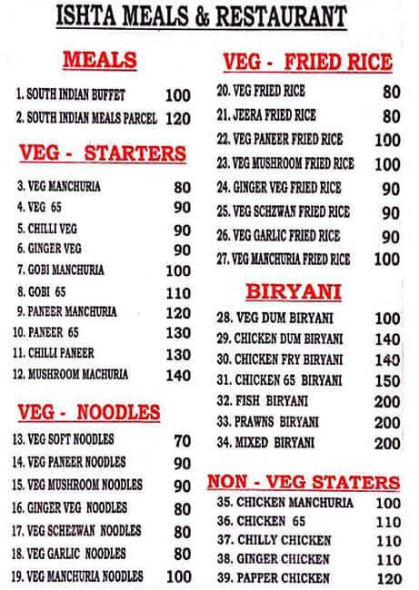 Menu of Ishta Meals and Restaurant, Gachibowli, Hyderabad