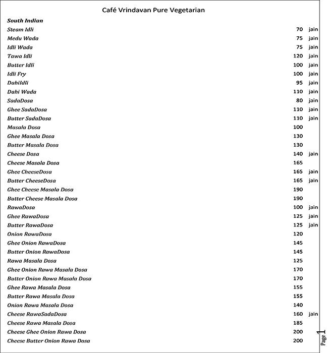 Menu at Cafe Vrindavan Pure Vegetarian, Navi Mumbai
