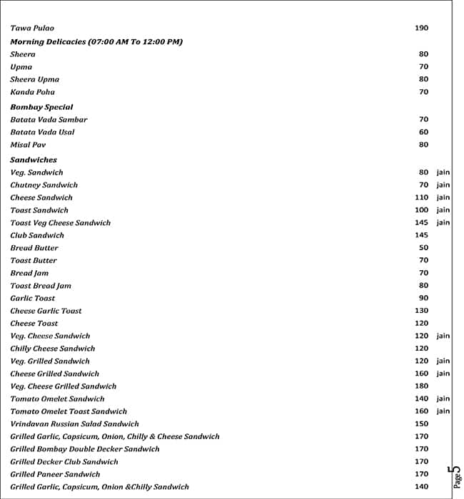 Menu at Cafe Vrindavan Pure Vegetarian, Navi Mumbai