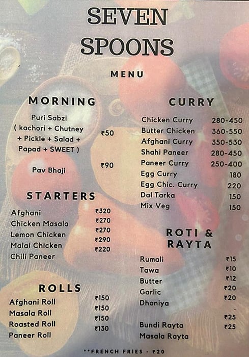 Menu of Seven Spoons, MG Road, New Delhi