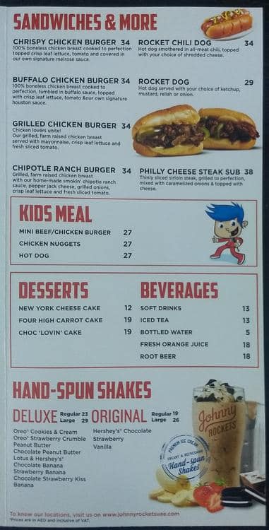 Carta de comida rápida Johnny Rockets, Dubai, Dubai Downtown The Dubai ...