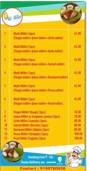 Menu of Millets Cafe, Amberpet, Hyderabad