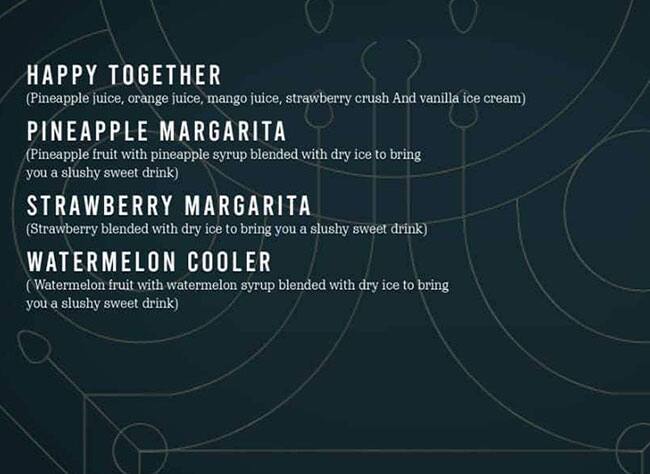 Menu at DYCE, Bengaluru