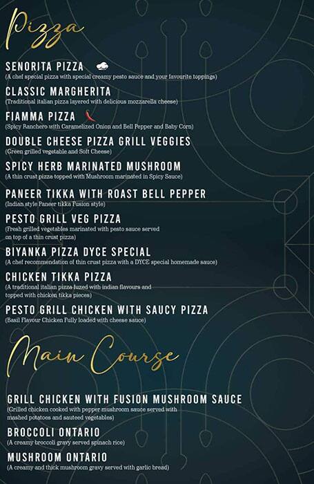 Menu at DYCE, Bengaluru