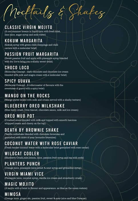 Menu at DYCE, Bengaluru