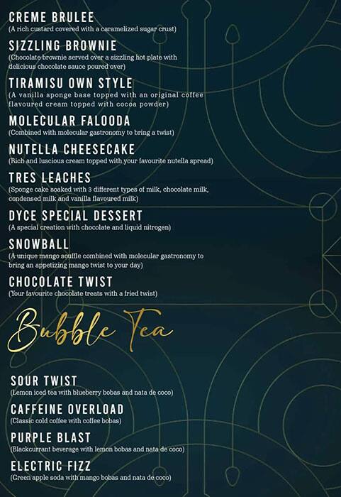 Menu at DYCE, Bengaluru