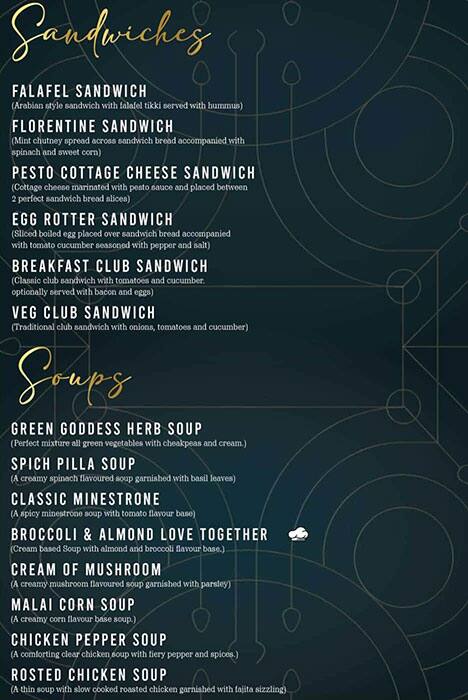 Menu at DYCE, Bengaluru