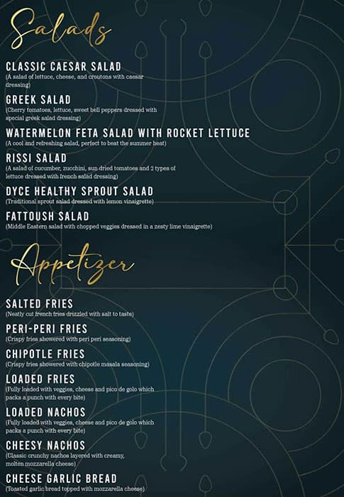 Menu at DYCE, Bengaluru