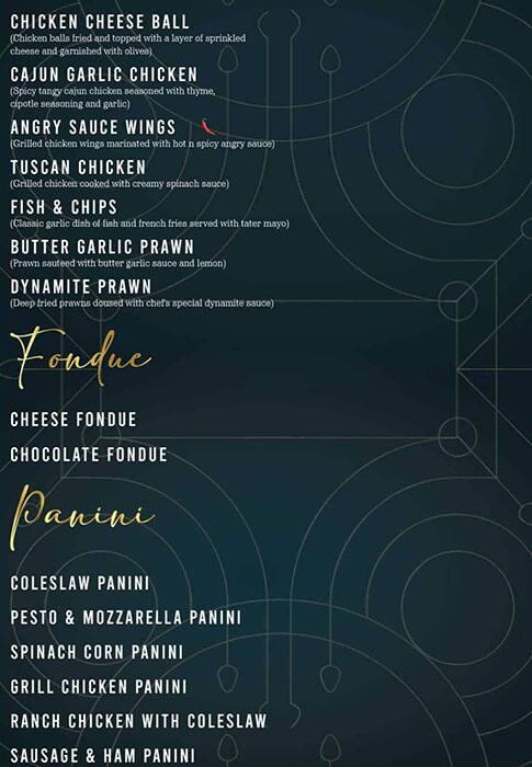 Menu at DYCE, Bengaluru