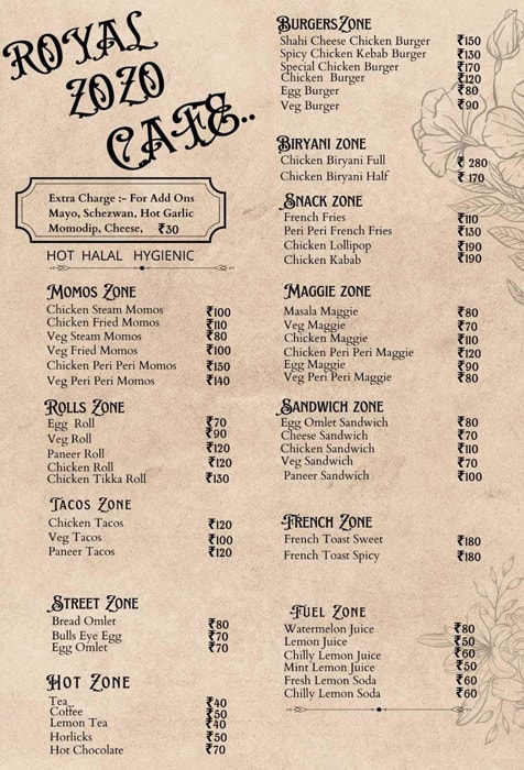 Menu of Zozo Cafe, Vidyaratna Nagar, Manipal