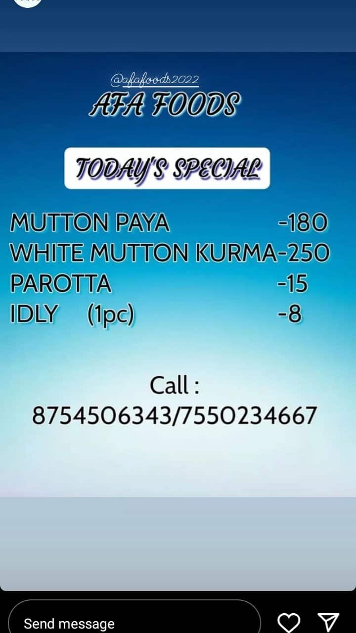 Menu of AFA Foods, Pallavaram, Chennai