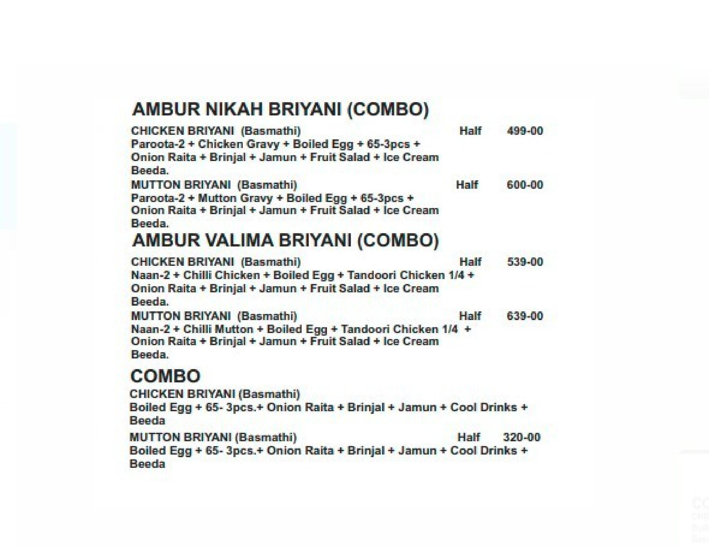 Menu of Bismi Ambur Biryani, Porur, Chennai