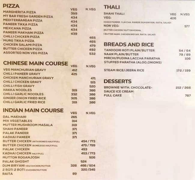 Menu of My Bar Headquarters, Connaught Place, New Delhi