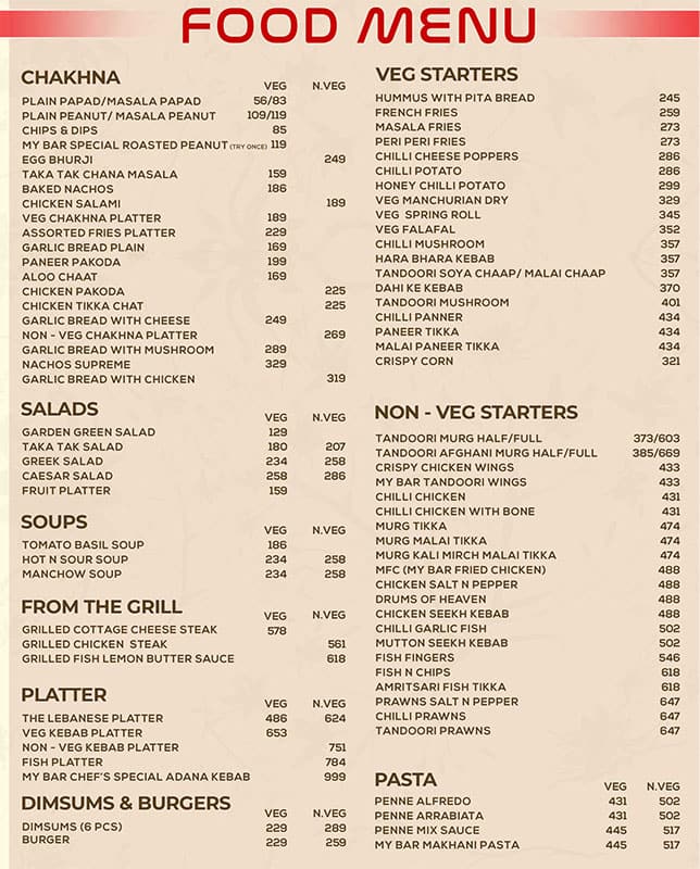 Menu of My Bar Headquarters, Connaught Place, New Delhi