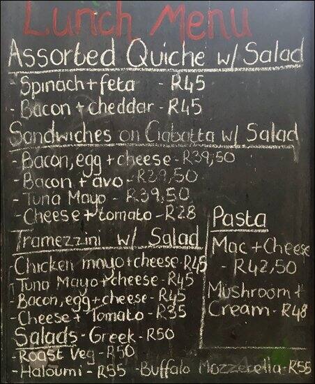 Menu at Millstone Coffee Shop cafe, Cape Town