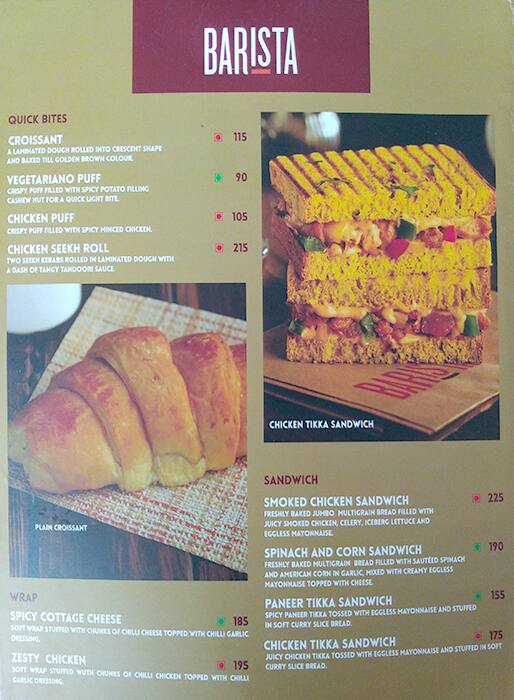 Menu at Barista, Chennai, No M