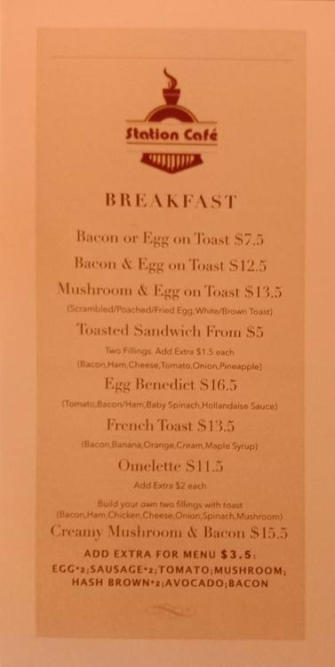 Menu at Station Cafe, Auckland