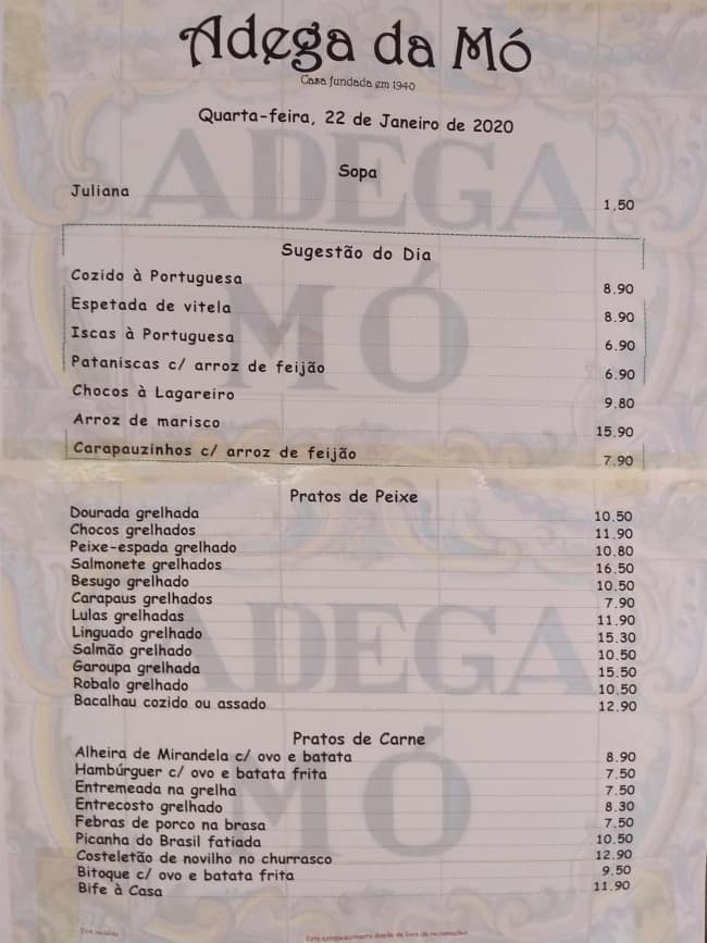 Menu at Adega Da Mó restaurant, Lisbon