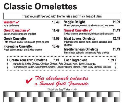 Menu at Sunset Grill restaurant, Vaughan, Weston Rd