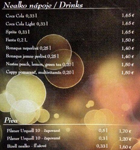 Menu au Cinema City Cafe, Slovaquie