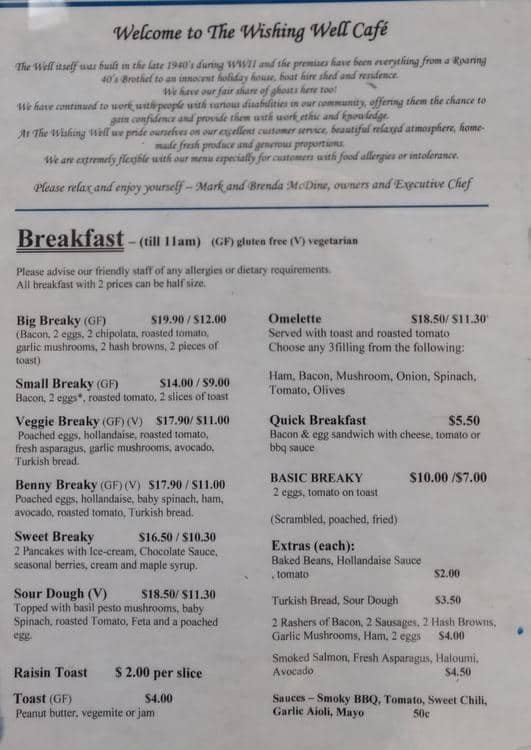 Menu at The Wishing Well restaurant, Victoria Point