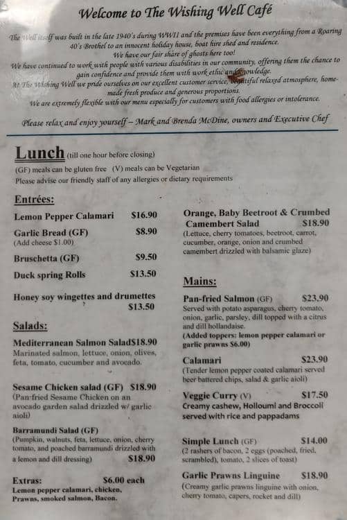 Menu at The Wishing Well restaurant, Victoria Point