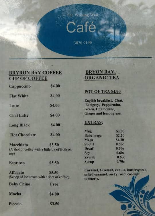 Menu at The Wishing Well restaurant, Victoria Point