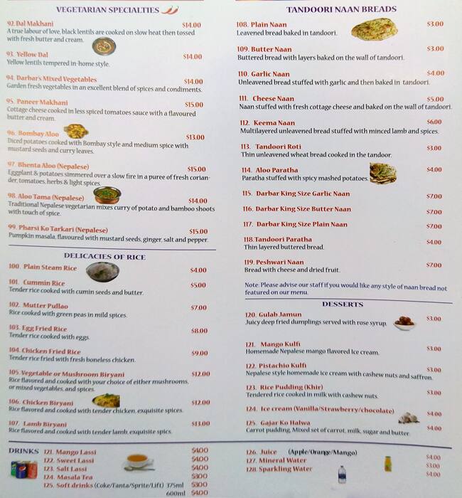 Menu at The Darbar, South Fremantle