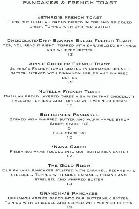 Menu at Jethro's Fine Grub pizzeria, Vancouver, Fraser Street