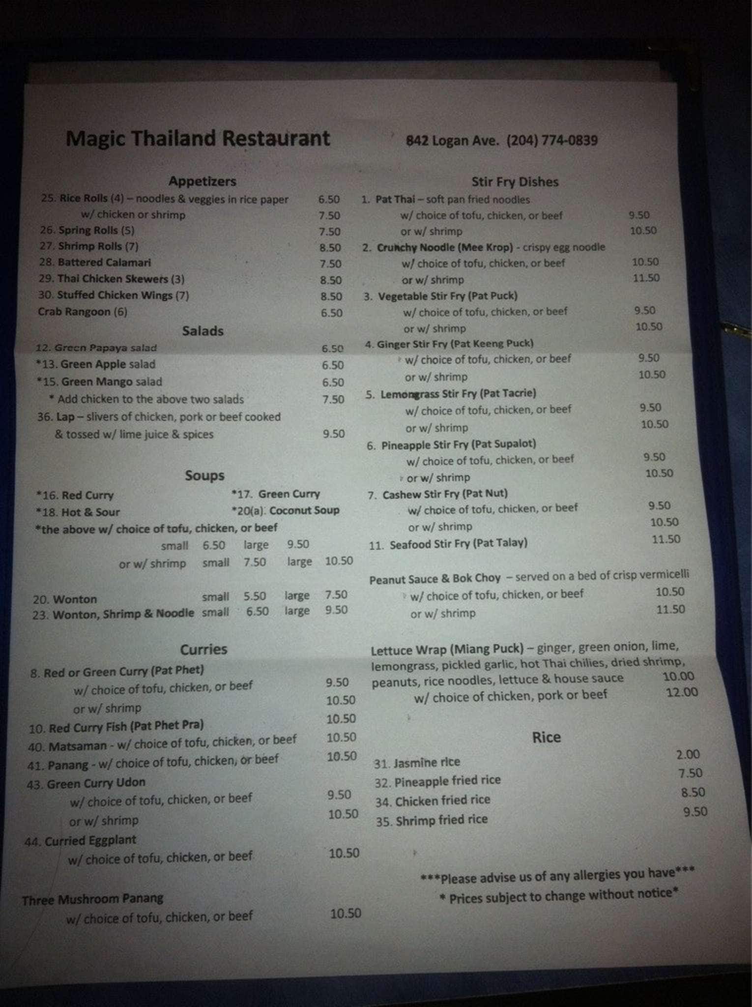 Menu at Magic Thailand Restaurant, Winnipeg