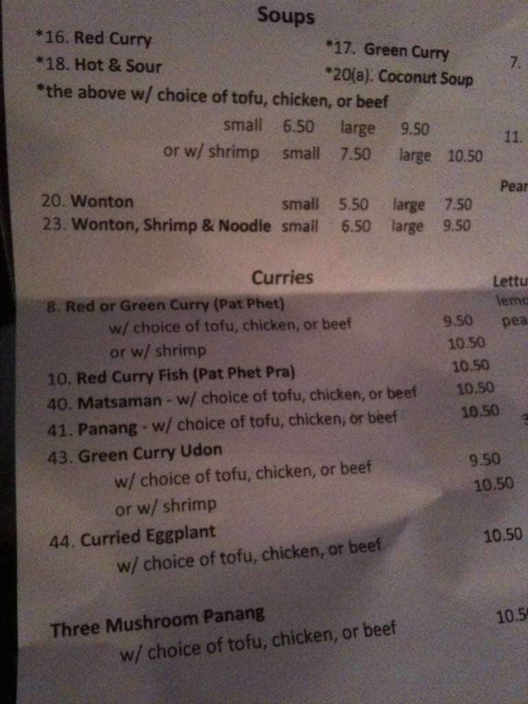 Menu at Magic Thailand Restaurant, Winnipeg