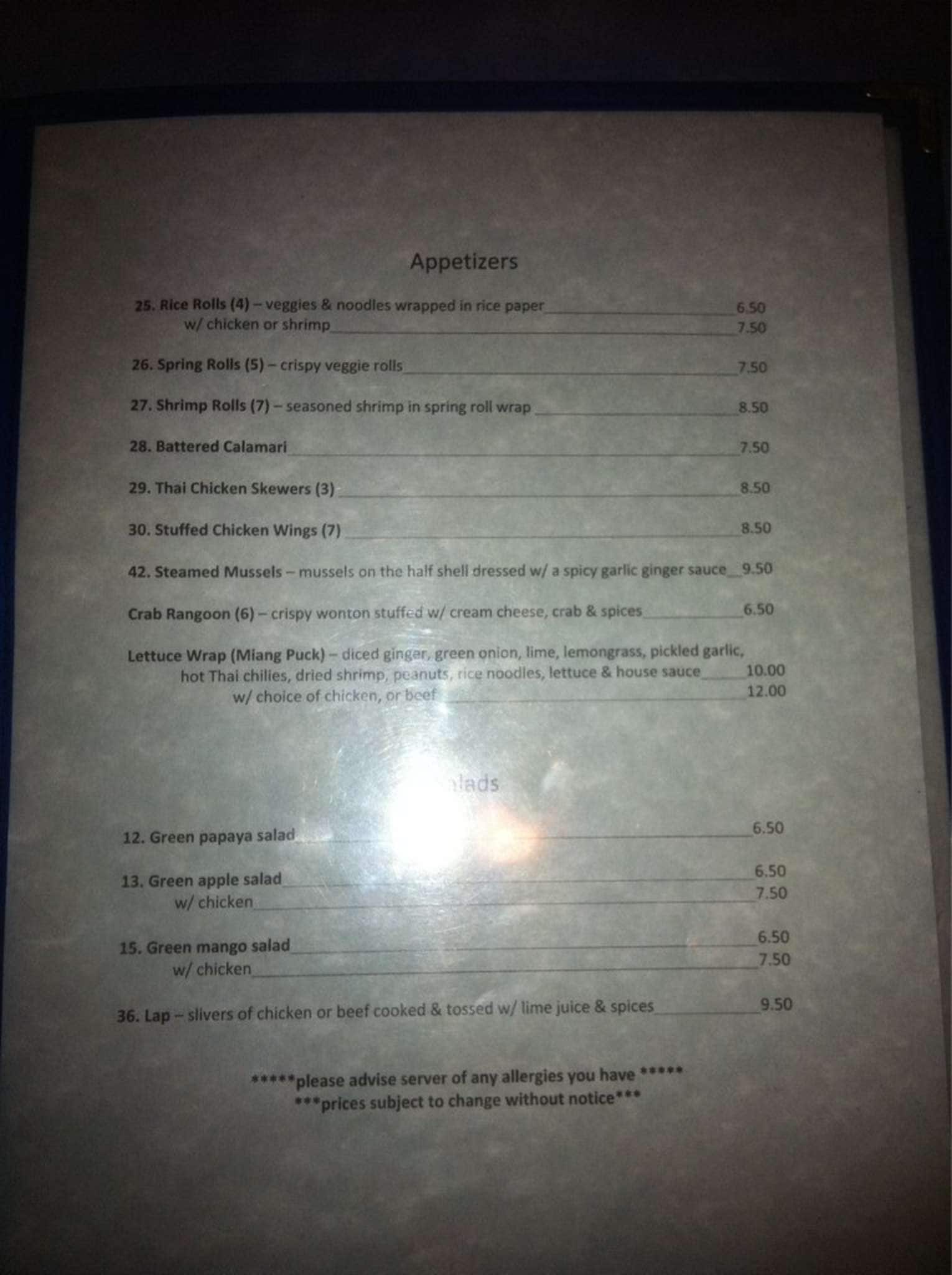 Menu at Magic Thailand Restaurant, Winnipeg