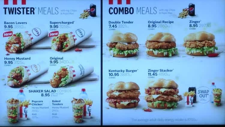 Menu at KFC Broadway fast food, Sydney, 857 George St