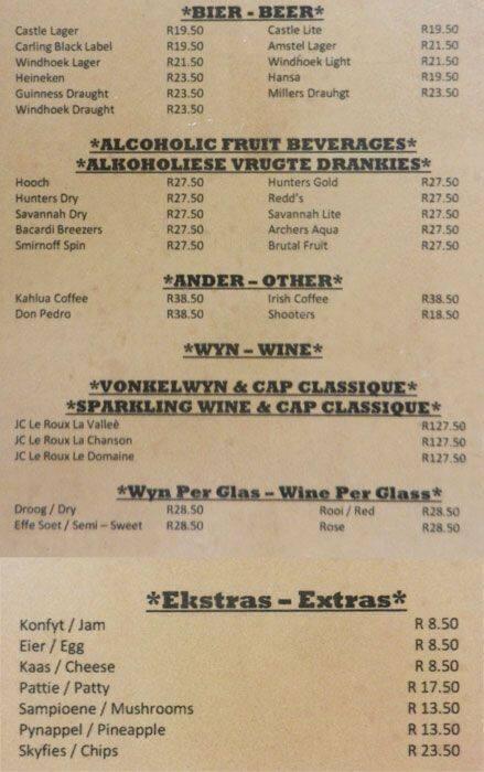 Menu at Tan Malie Se Winkel restaurant, Hartbeespoort