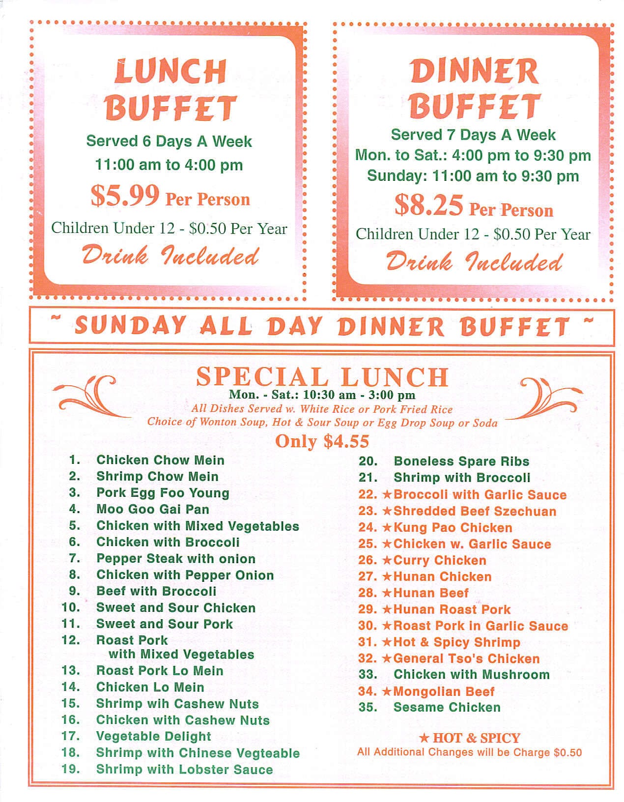 Menu at China Buffet restaurant, Indianapolis, W 10th St