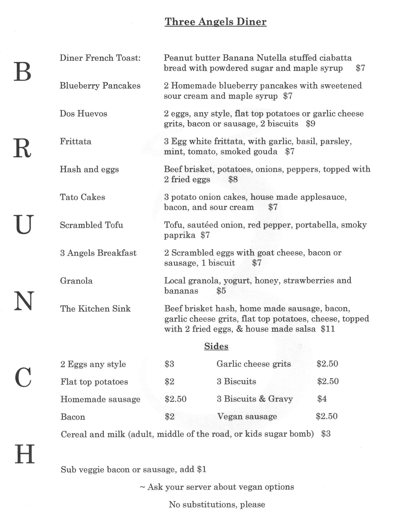 Menu at Three Angels Diner restaurant, Memphis