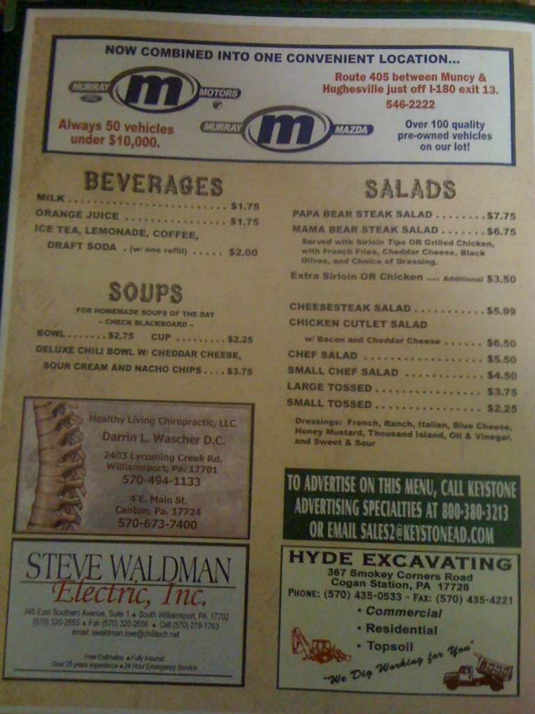 Menu at Crippled Bear pub & bar, Williamsport